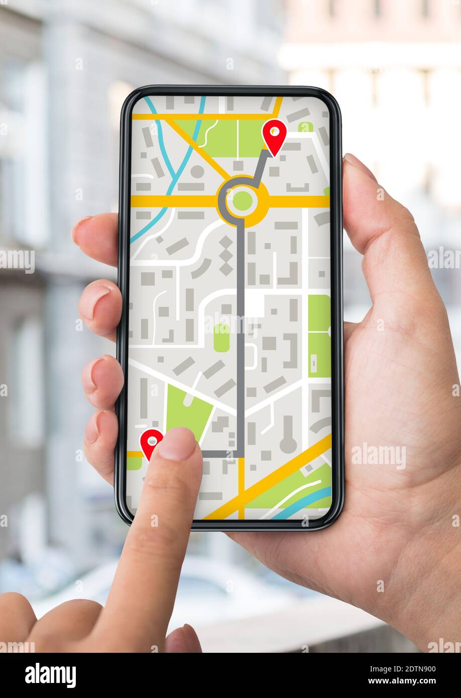 Woman using online map app in smartphone for navigation in city Stock ...
