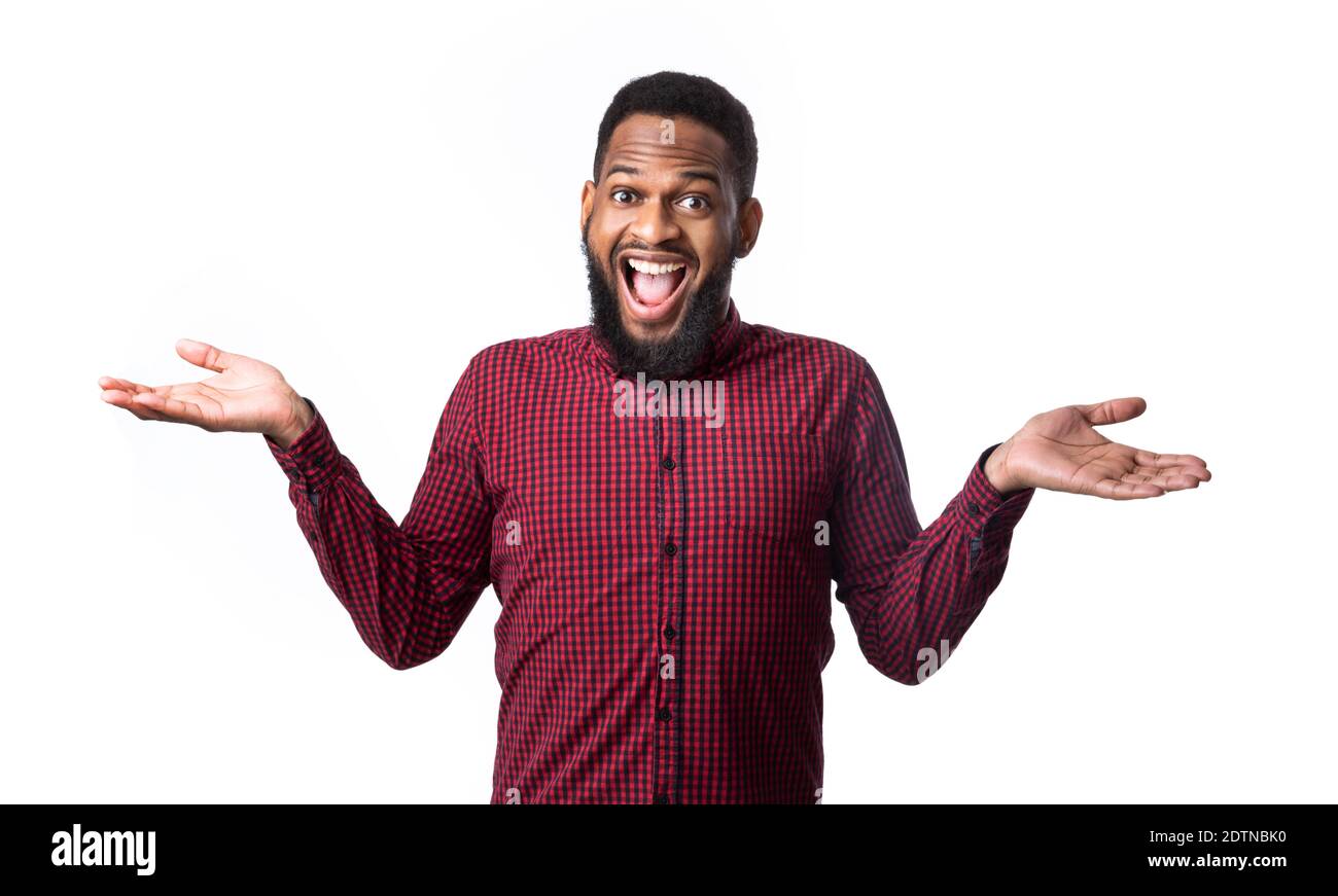 Excited African American Man Shouting Looking At Camera, White ...