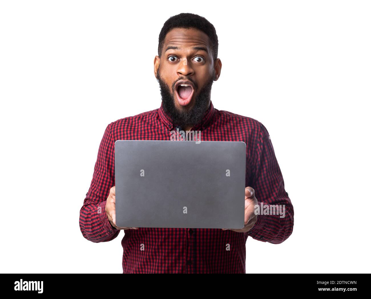 Shocked Black Man Holding Laptop Looking At Camera, White Background ...