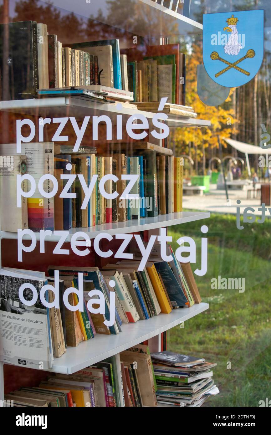 Books exchange point in the Glinianki park near Warsaw, red book swap ...