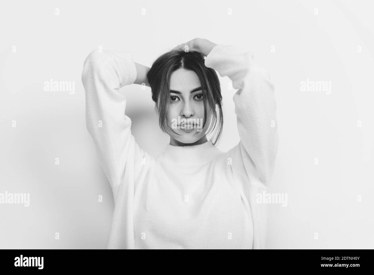 Softness. Portrait of beautiful brunette woman in comfortable soft ...