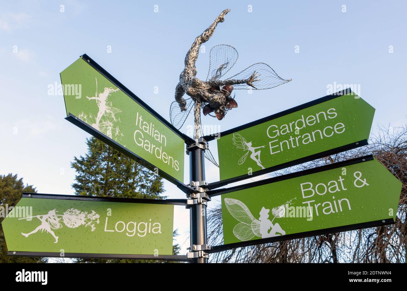 wire sculpture fairy on signpost for attractions in Trentham Gardens ...