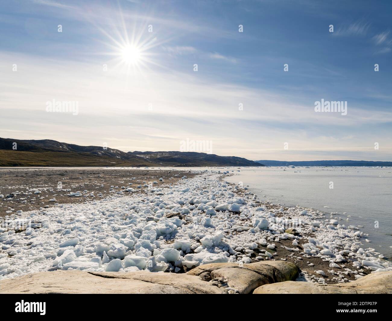 Shoreline littered with icebergs from Eqip Glacier (Eqip Sermia or Eqi ...