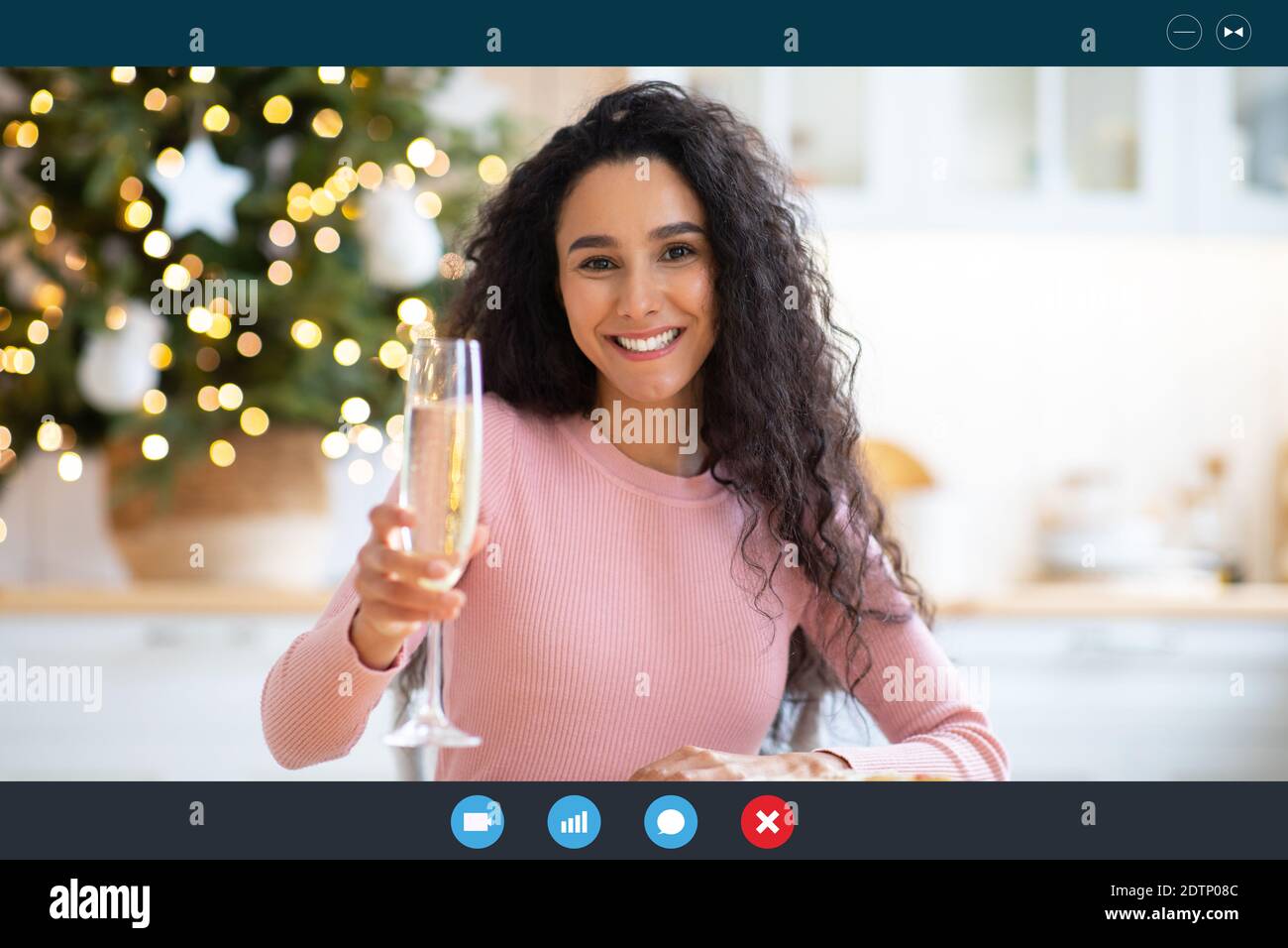 Online Christmas Celebration. Joyful Woman Cheering Champagne At Camera ...