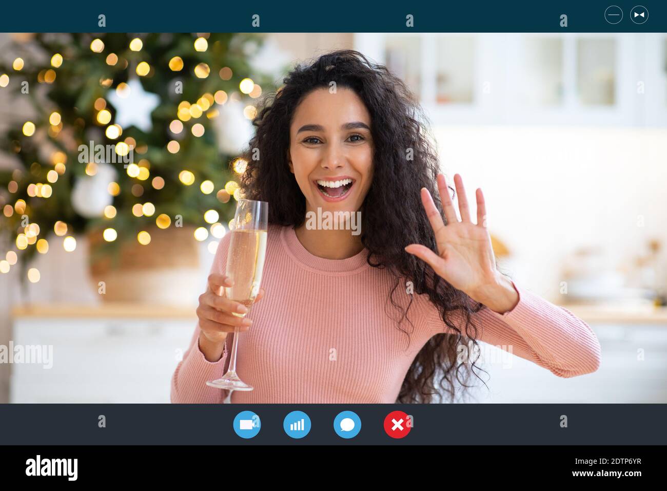 Cheerful Lady With Champagne Waving Hand At Camera While Making Video ...