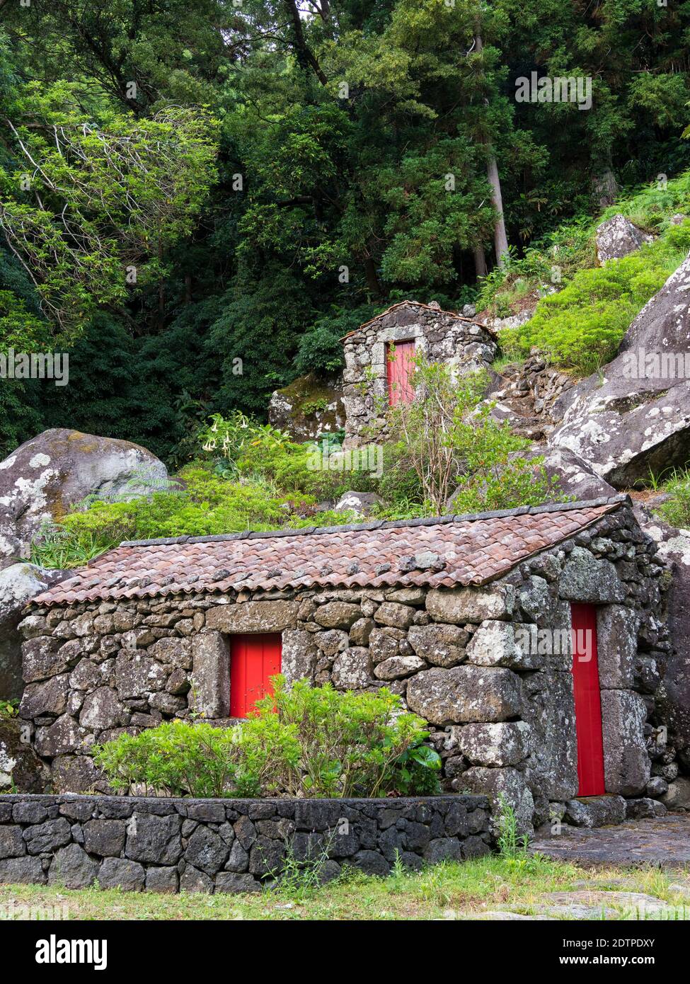 Traditional dry stone buildings. Sao Jorge Island, an island in the ...