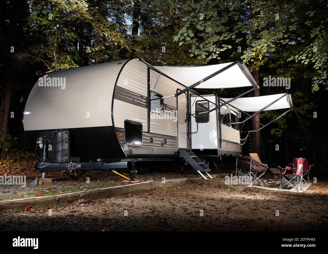 Early autumn travel trailer came at Falls Lake North Carolina Stock ...