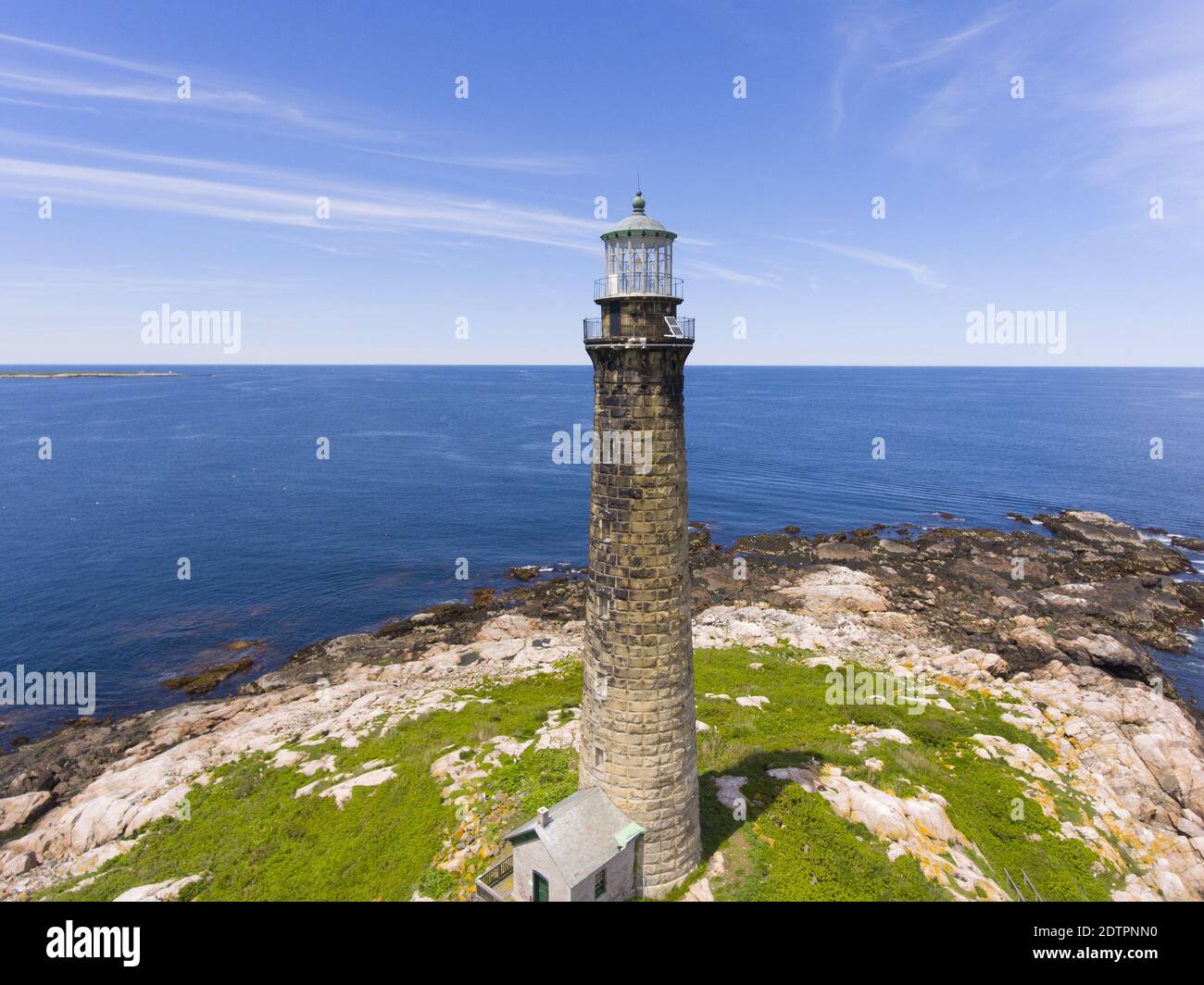 Aerial view of Thacher Island Lighthouse on Thacher Island, Rockport ...