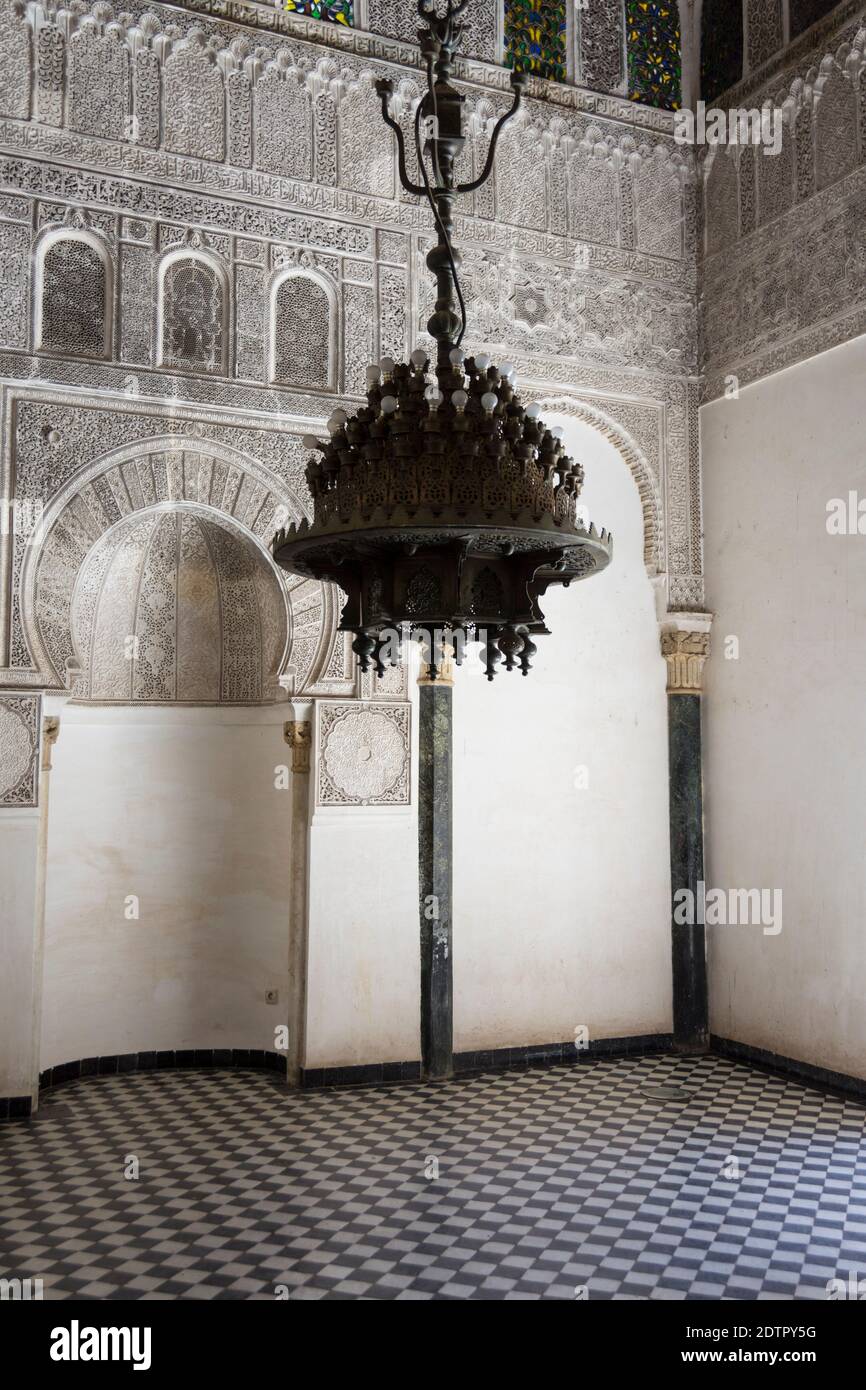 The Al-Attarine Madrasa in Fez, Morocco. The prayer hall and mihrab ...