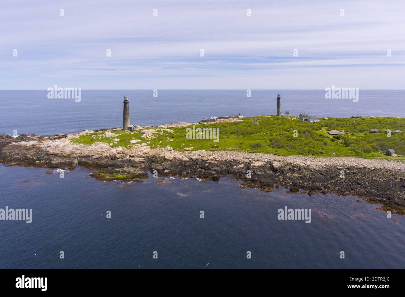 Aerial view of Thacher Island Lighthouse on Thacher Island, Rockport ...