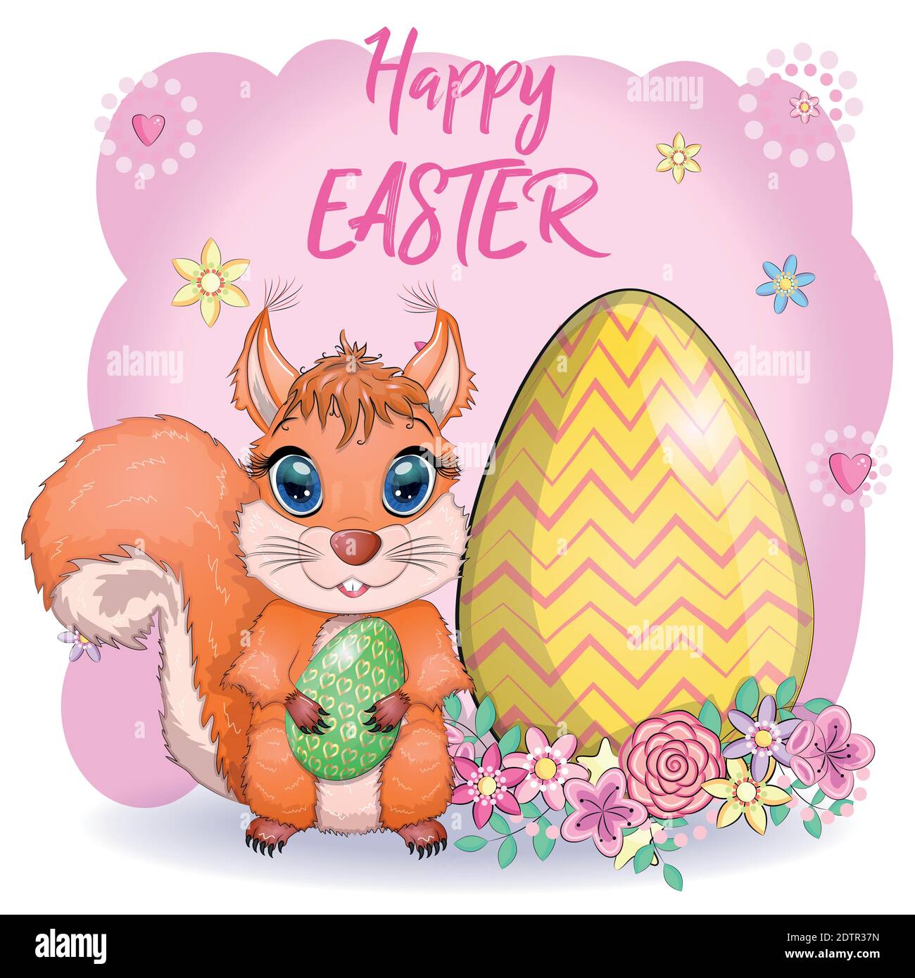 Cute cartoon squirrel with beautiful eyes holds an Easter egg, card for ...