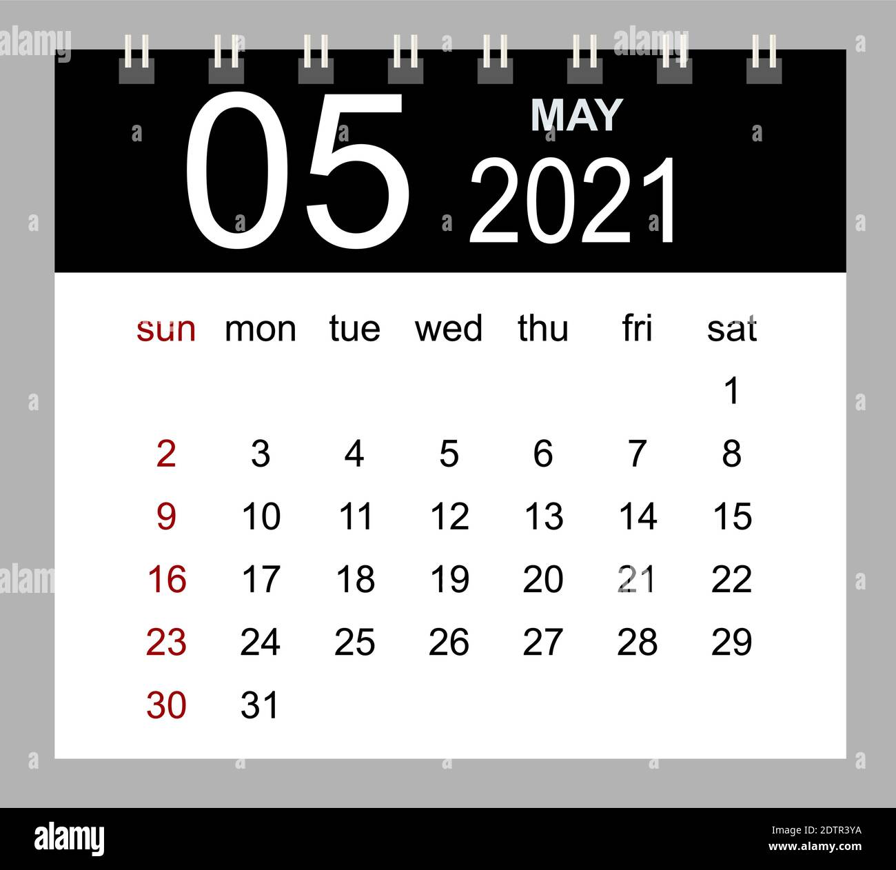 Template of calendar for May 2021. Week starts Sunday. Isolated vector ...
