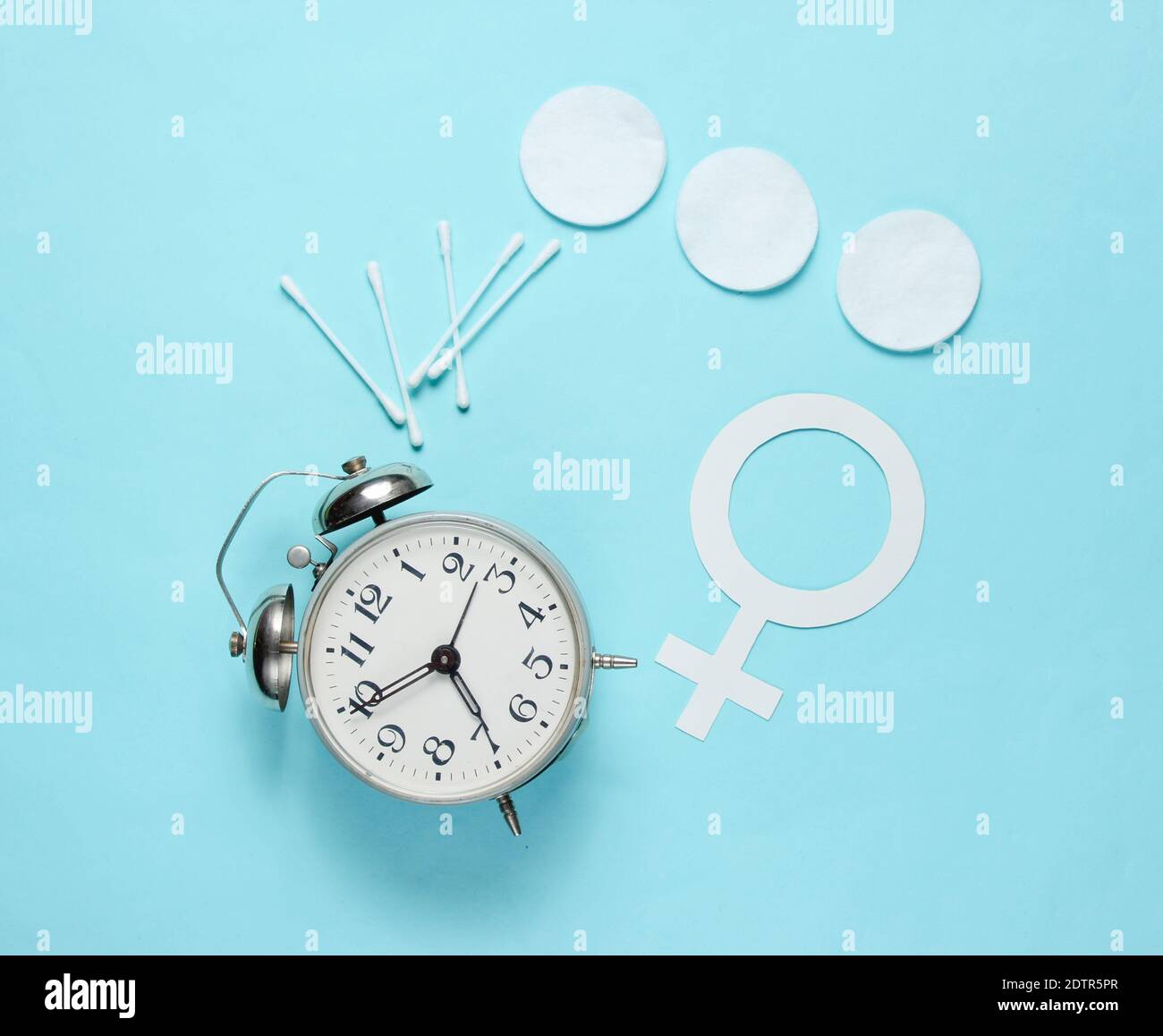 Self care time. Products for hygiene, female gender symbol, retro alarm ...