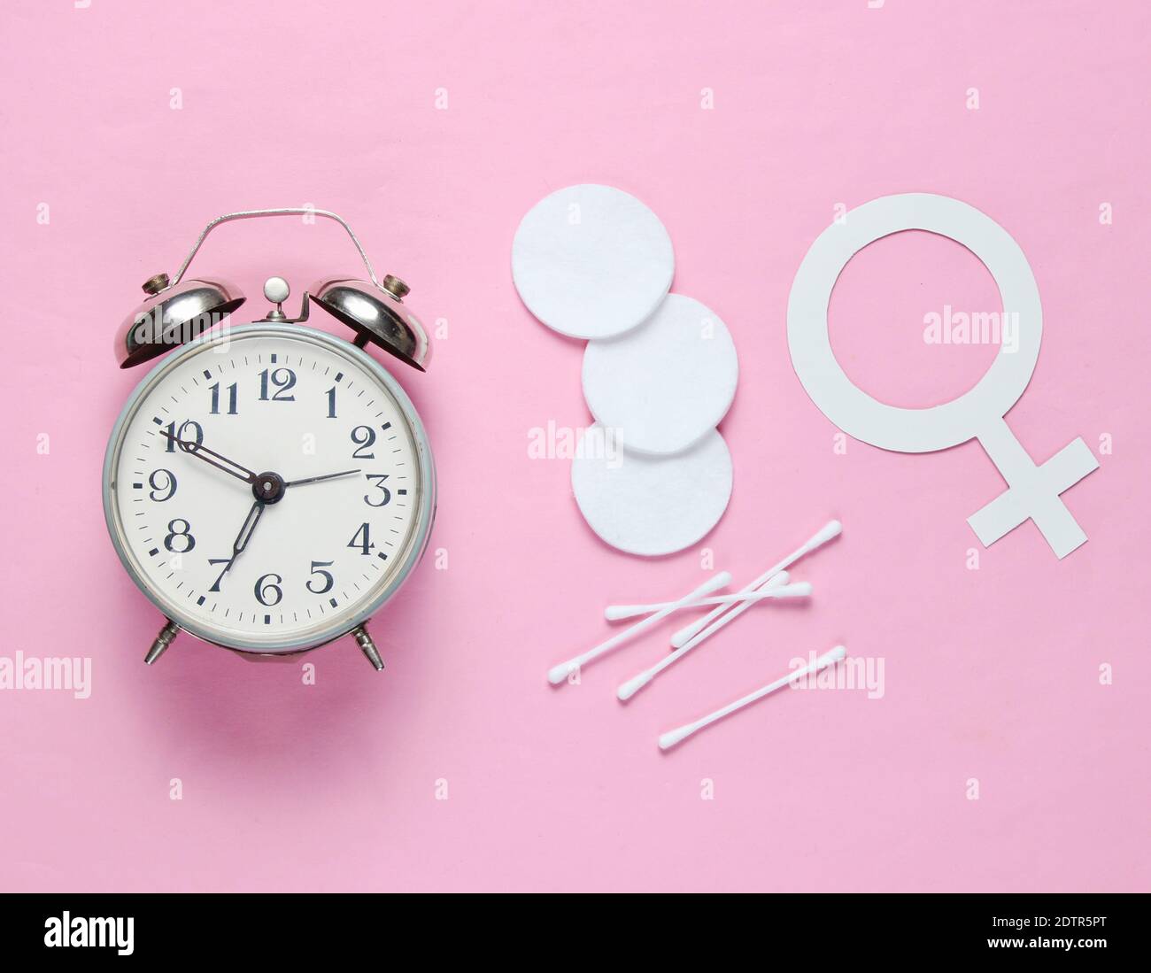 Self care time. Products for hygiene, female gender symbol, retro alarm ...