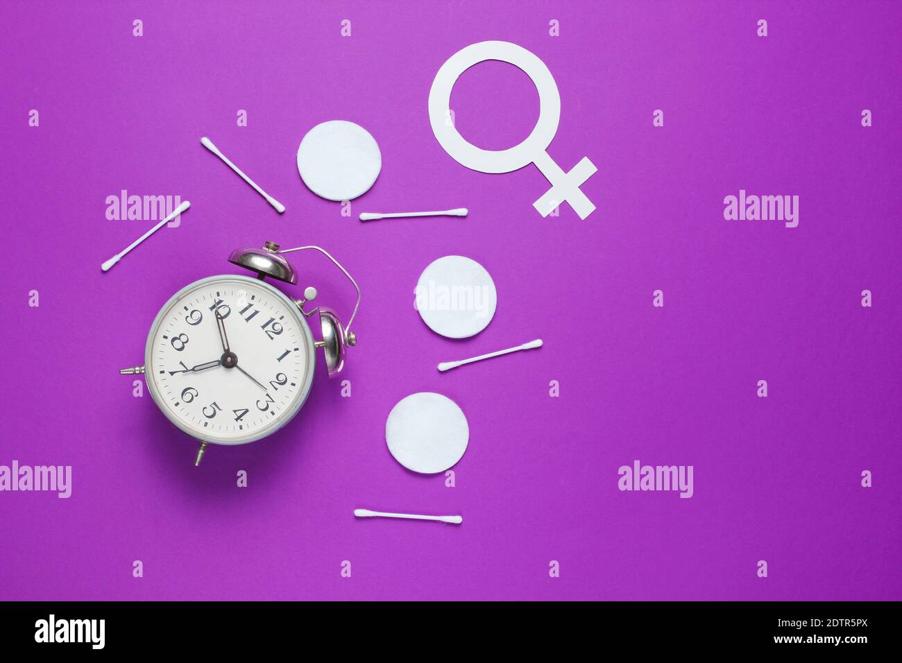 Self care time. Products for hygiene, female gender symbol, retro alarm ...