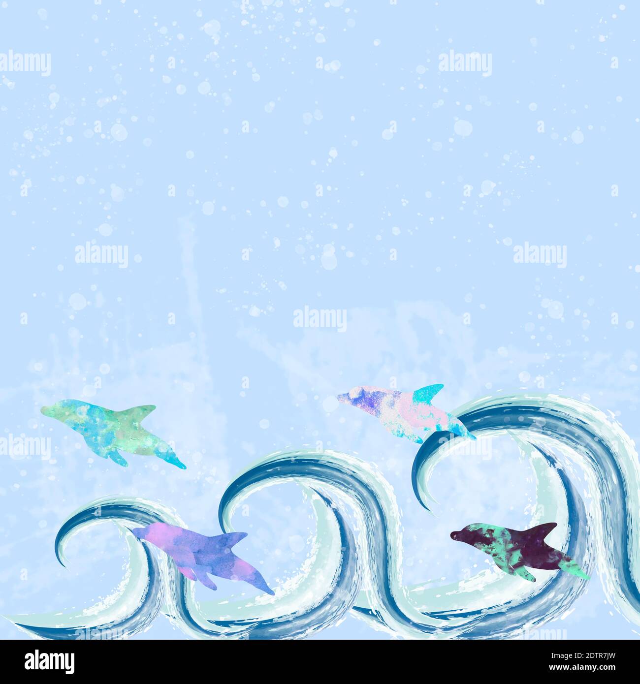 Dolphins in the sea. Watercolor dolphin and waves. Hand drawn ...