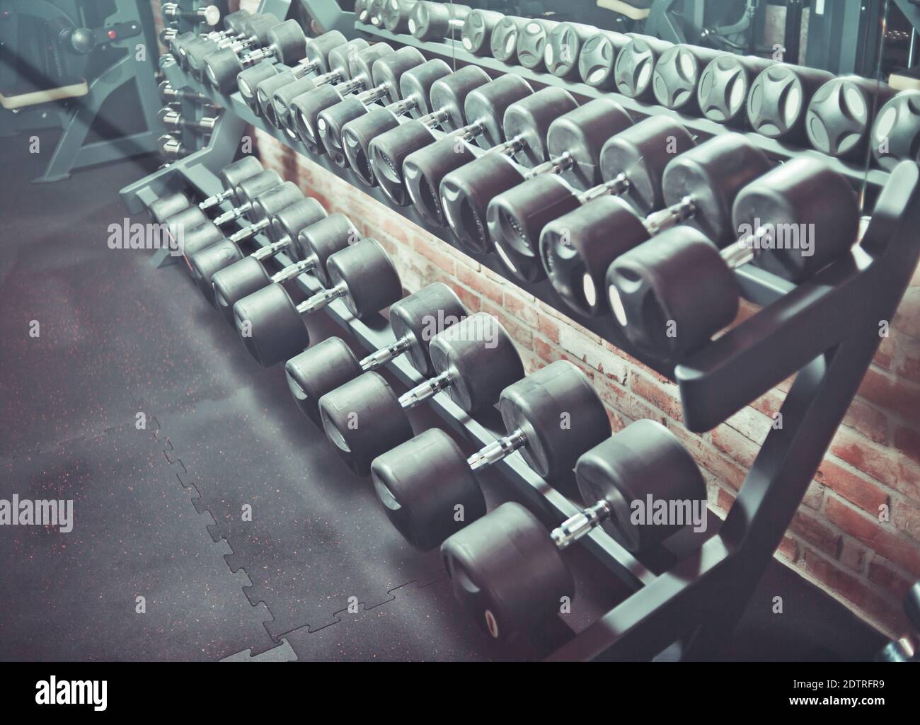 Dumbbells on rack at gym center. Workout training. Black steel dumbbell ...