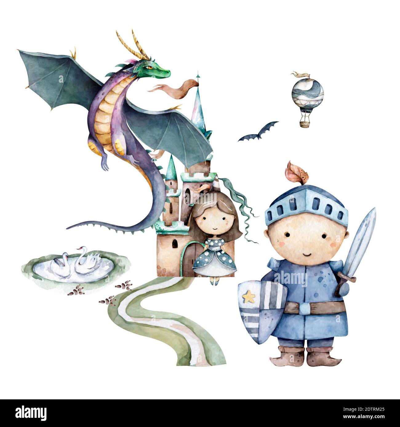 The knight brave cute princess on dragon. Hand drawn watercolor ...