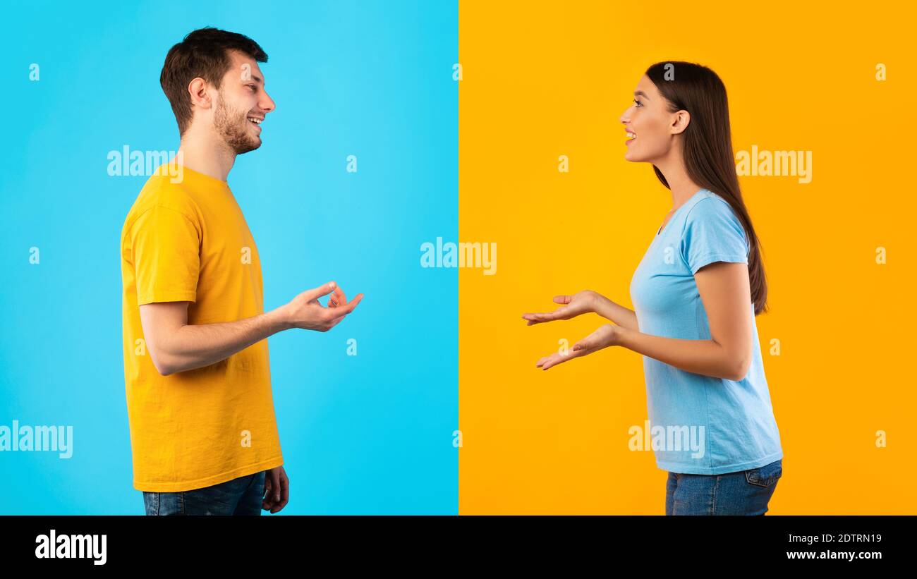 Profile portrait of couple talking to each other Stock Photo - Alamy