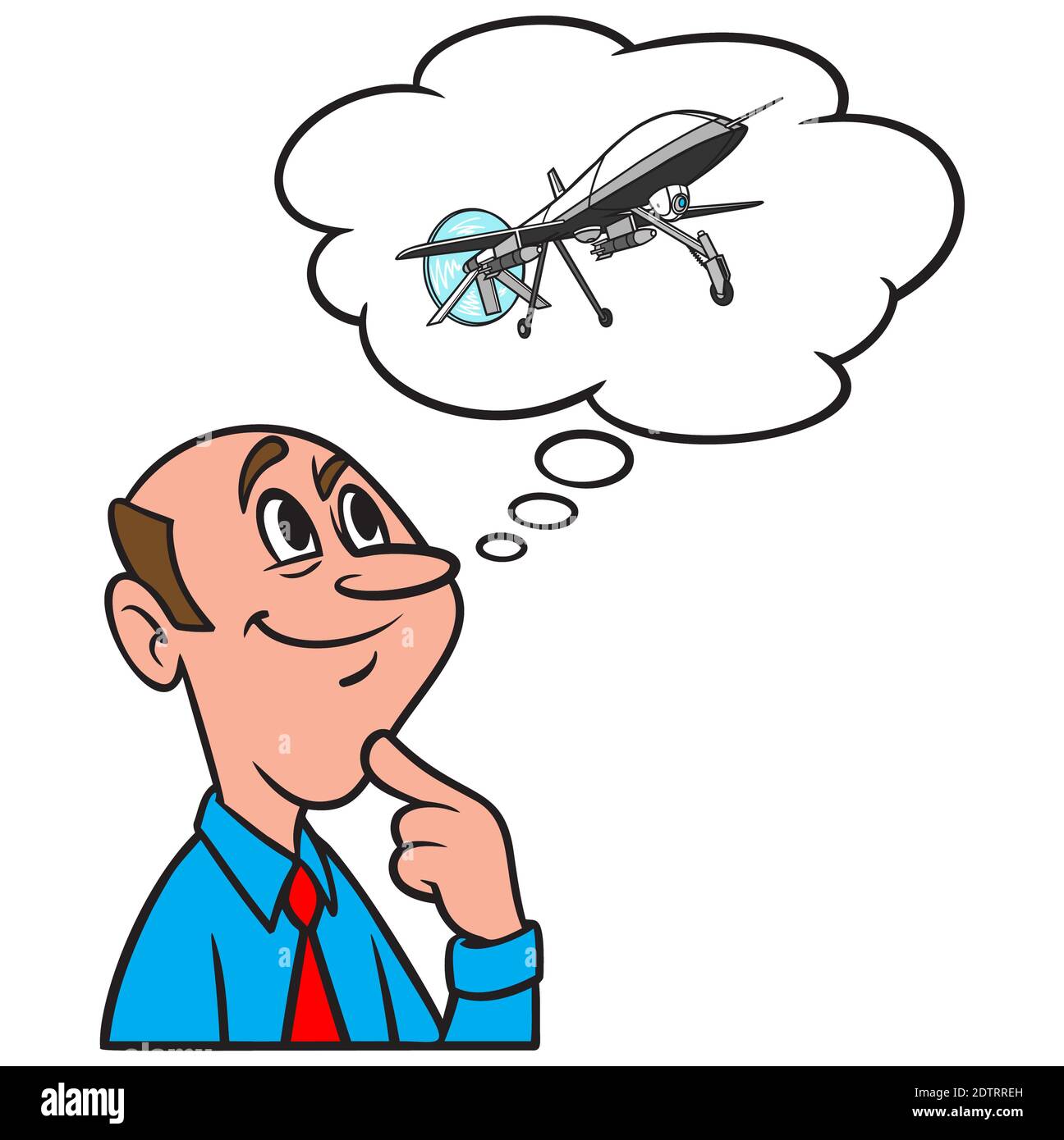 Thinking about a Drone - A cartoon illustration of a man thinking about ...