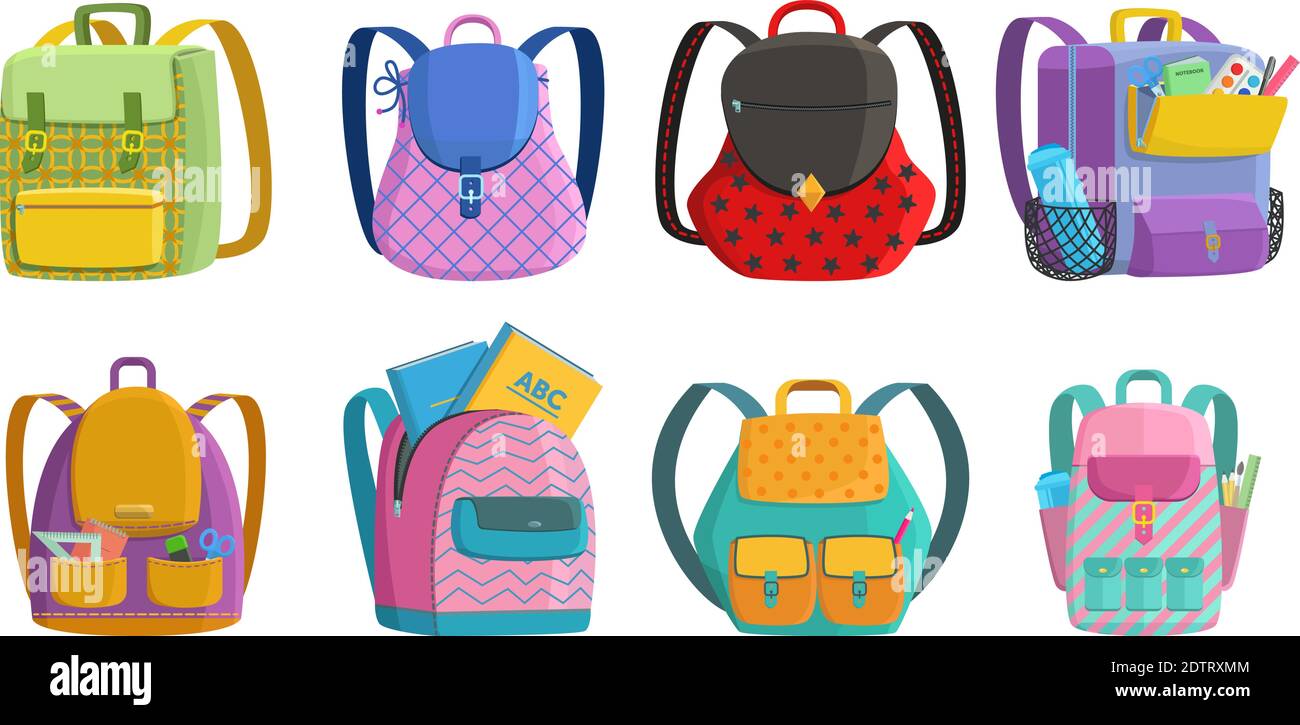 Vector set of school backpacks with pockets and supplies in cartoon ...
