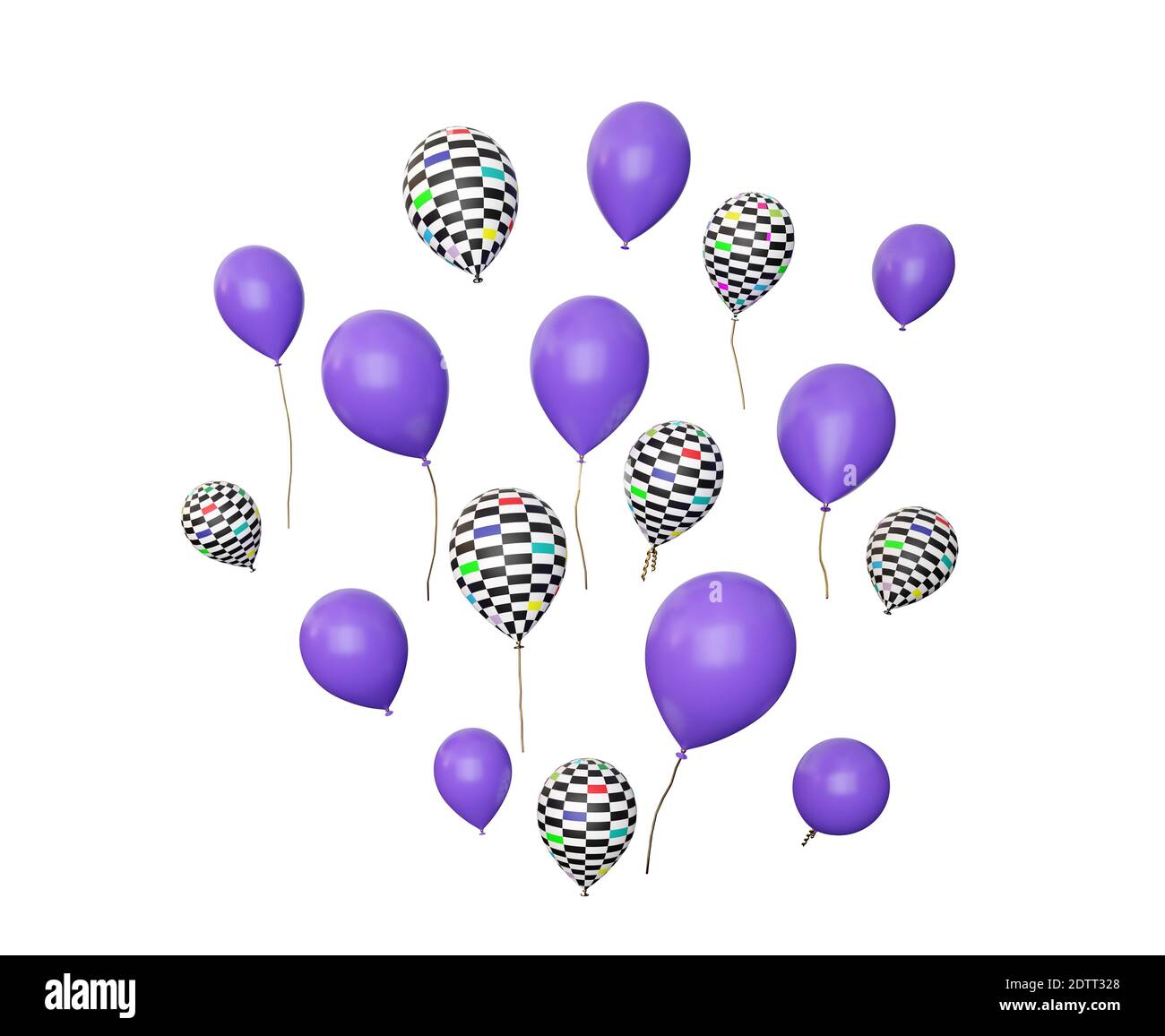 many flying violet and checkered balloons isolated on white, 3d render ...