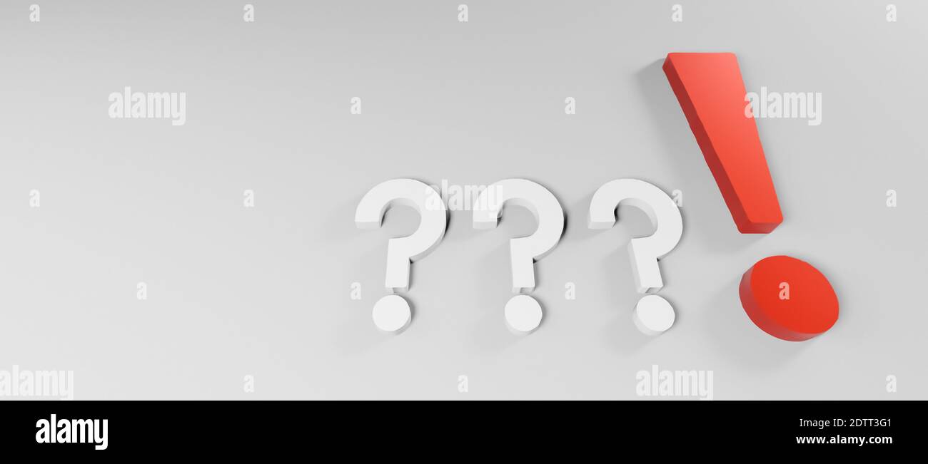 One red exclamation mark and many question marks on white or grey ...