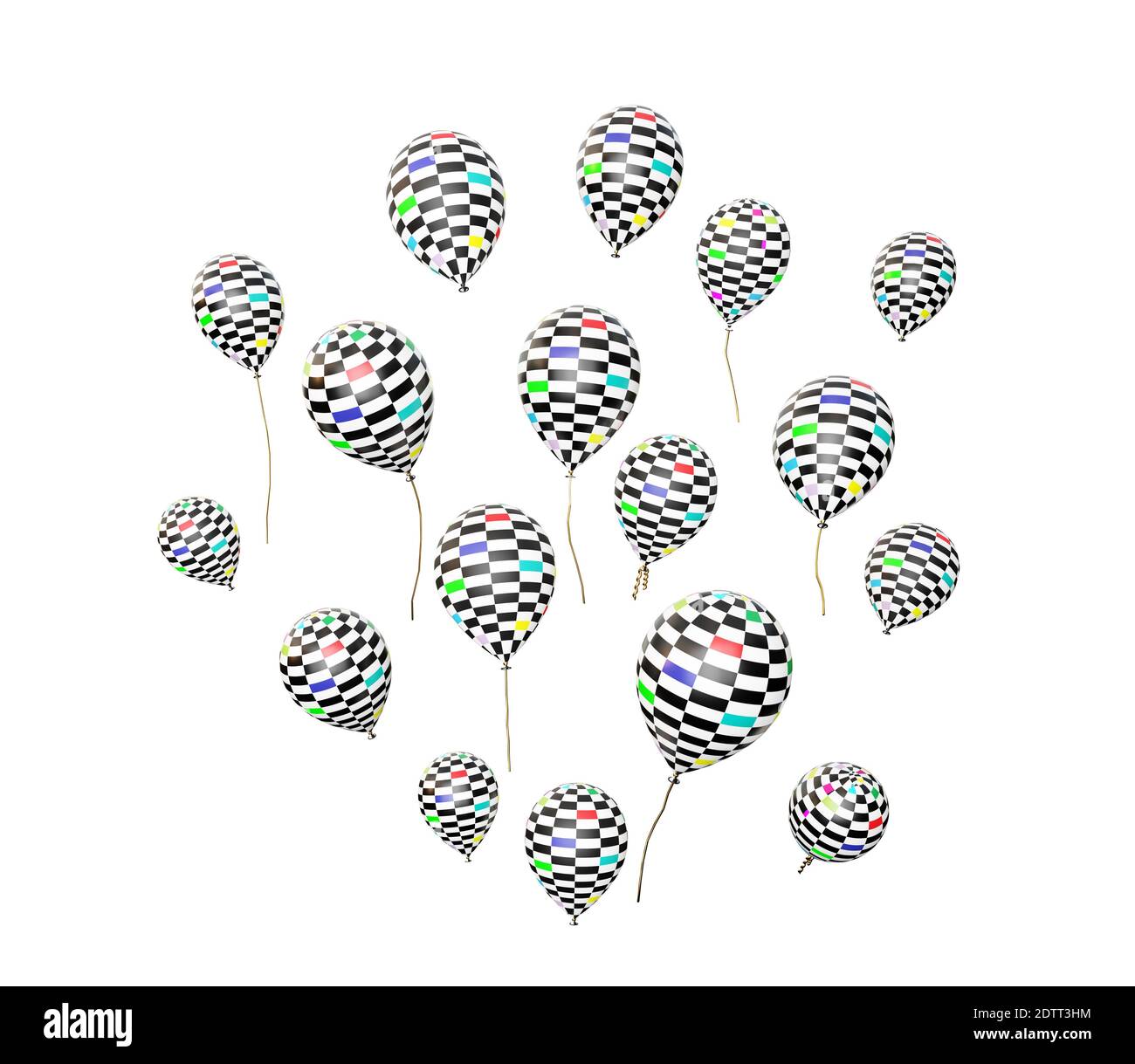 many flying beautiful Checkered Balloons isolated on white, 3d render ...