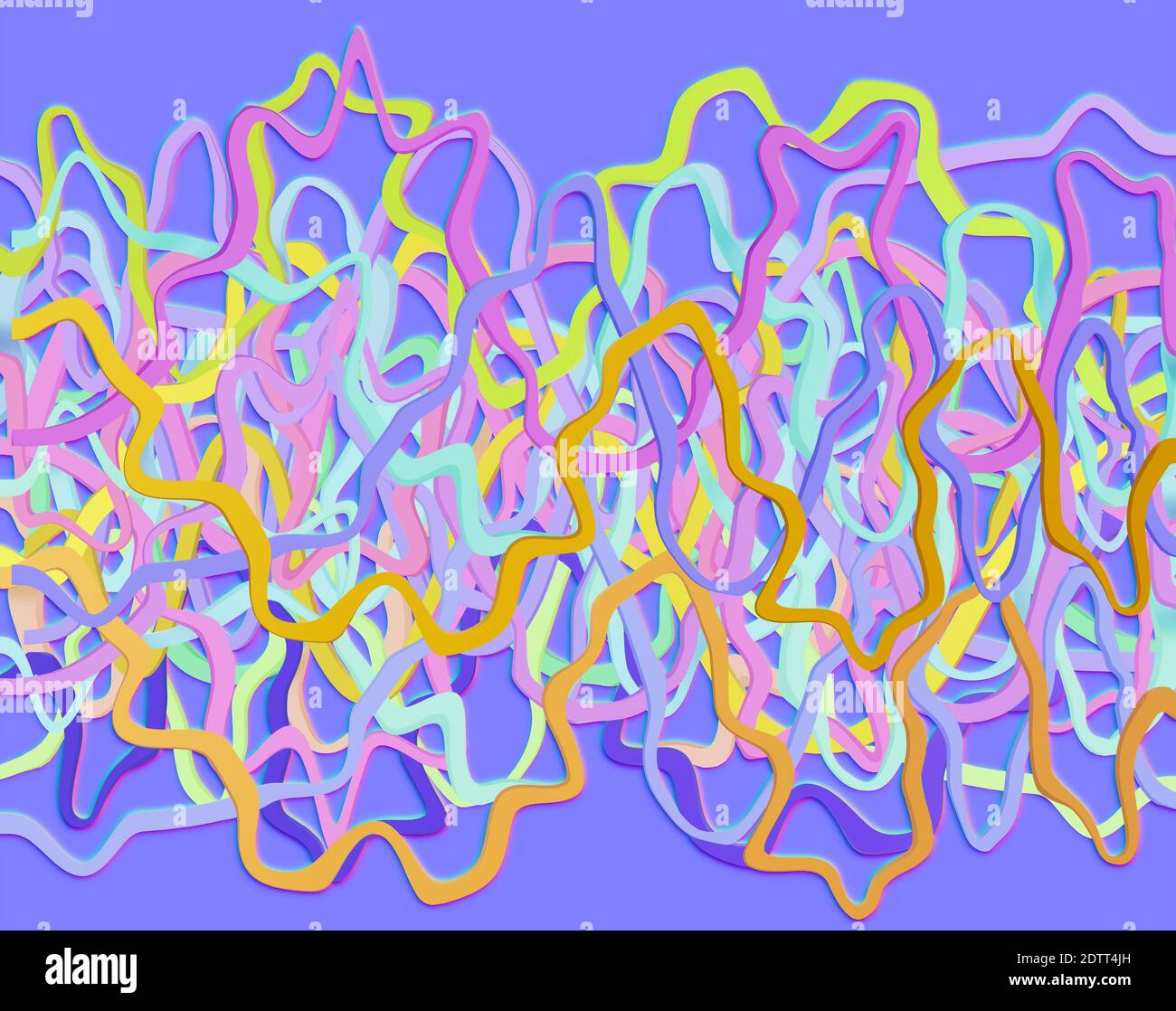 Multicolored wavy curved tangled lines on violet background, 3d ...