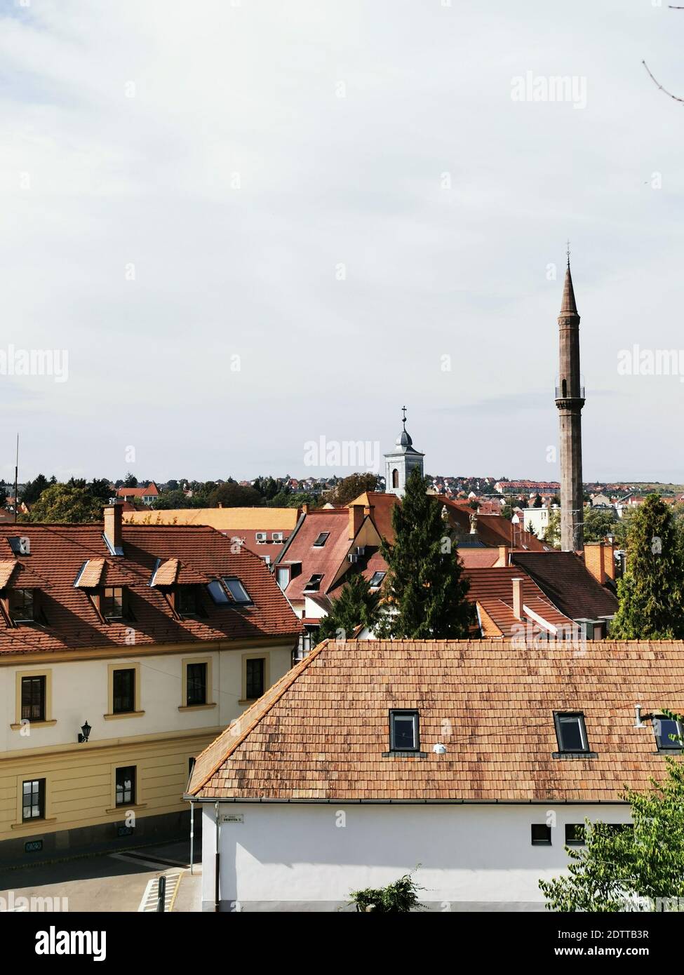 A vertical high angle shot of the buildings and castles of Eger ...