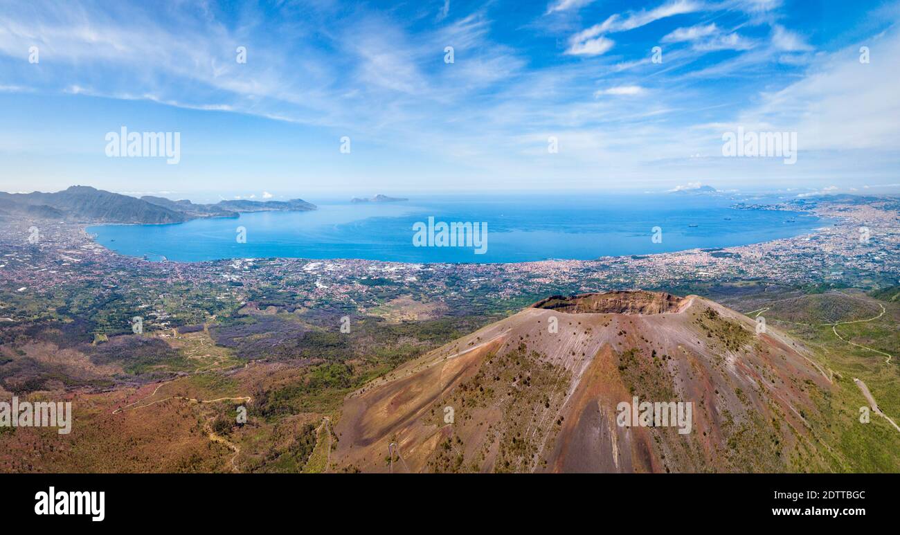 Aerial view of Mount Vesuvius volcano with Amalfi Coast behind. Naples ...