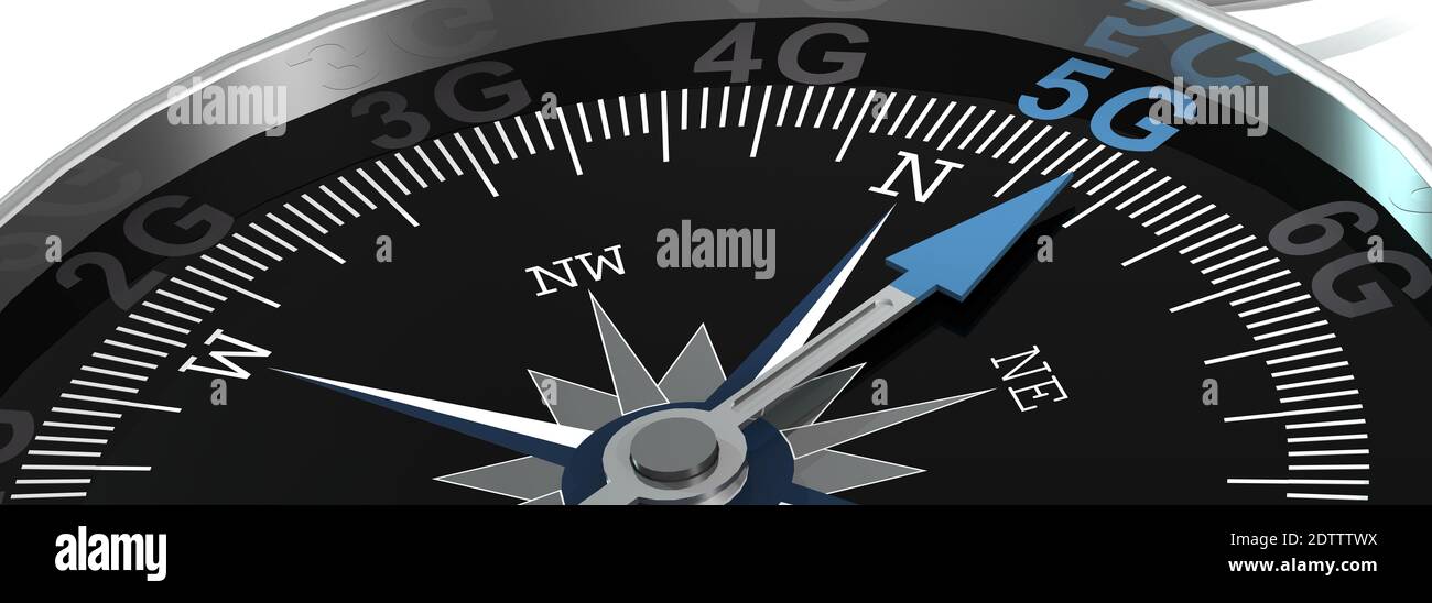 A 3d rendering of a compass needle pointing to the word 5G Stock Photo ...