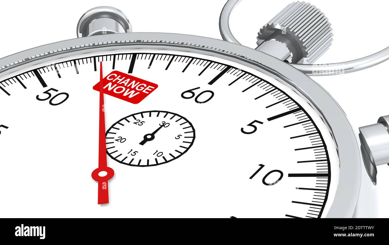 A 3d rendering of a classic stopwatch pointing to "Change Now" writing ...