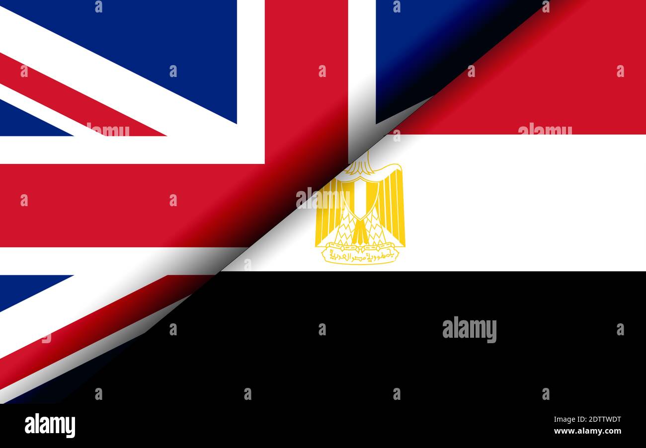 A 3d rendering of the flags of the United Kingdom and Egypt divided ...