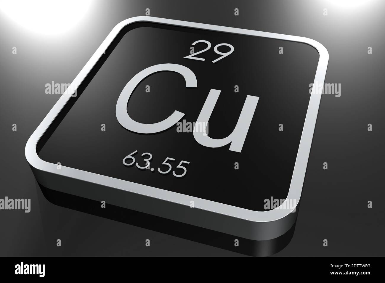 A 3d rendering of the copper element from the periodic table on a black ...