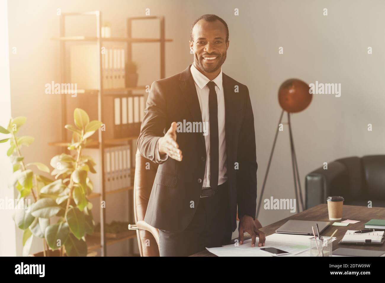 Photo of attractive handsome dark skin business man boss guy talk ...