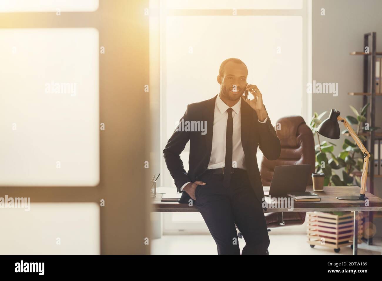 Photo of attractive handsome dark skin business man boss guy stand self ...