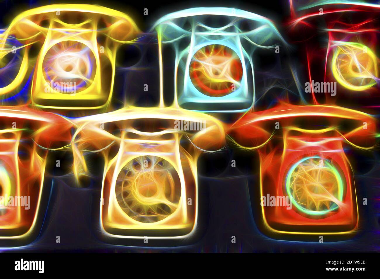 A 3d rendering illustration of colorful old phones with neon lights on ...