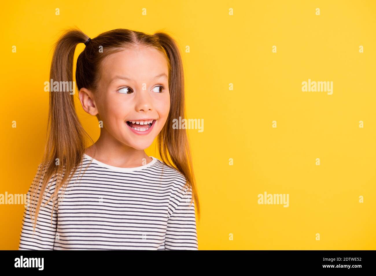 Portrait of young excited curious happy smiling girl child kid look in ...