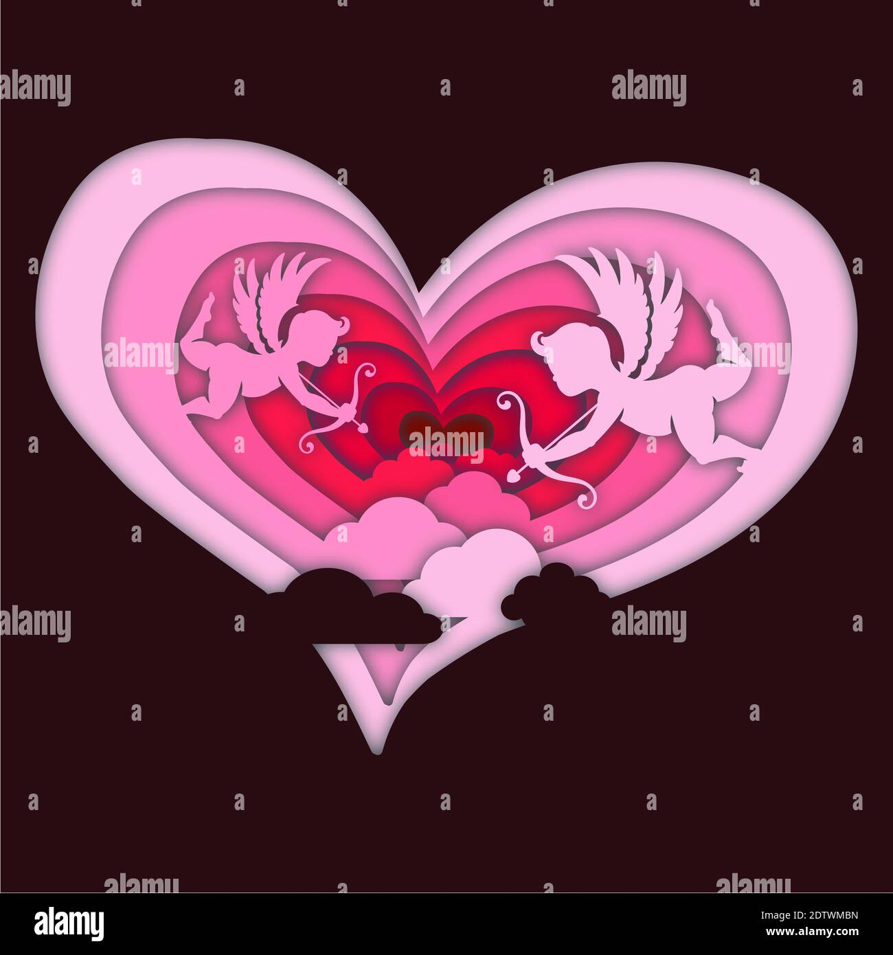3D Paper cut of layered pink heart with couple cupids holding arrows ...