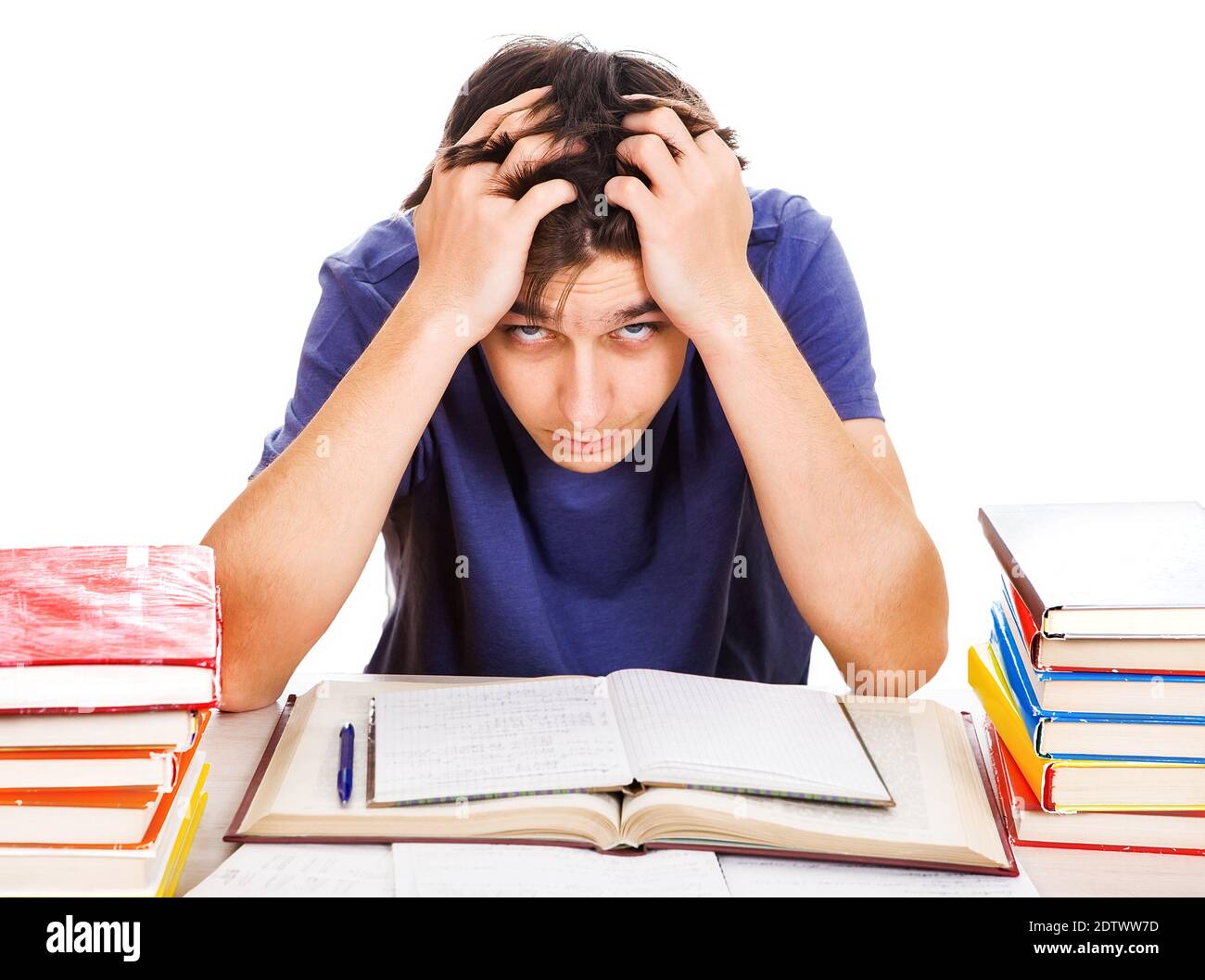 Troubled Student with a Books on the Desk on the White Background Stock ...