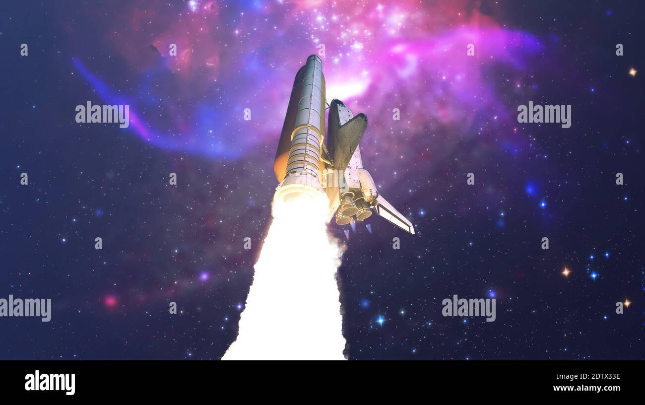 the abstract intergalactic spaceship shuttle fly to the stars in outer ...