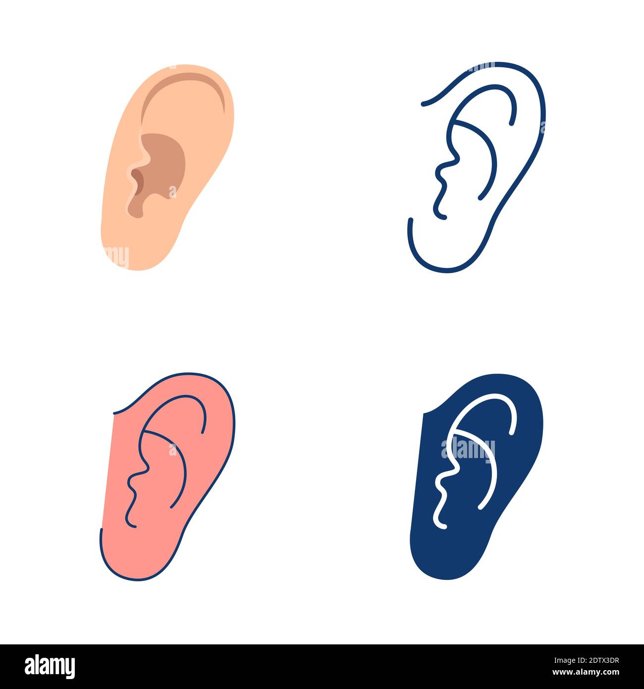 Ear icon set in flat and line style. Human body part symbol. Vector ...