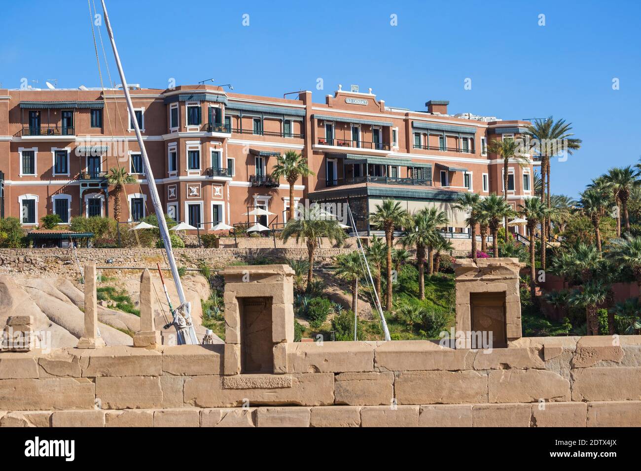 Egypt, Upper Egypt, Aswan, Old Cataract Hotel viewed from Khnum ruins ...