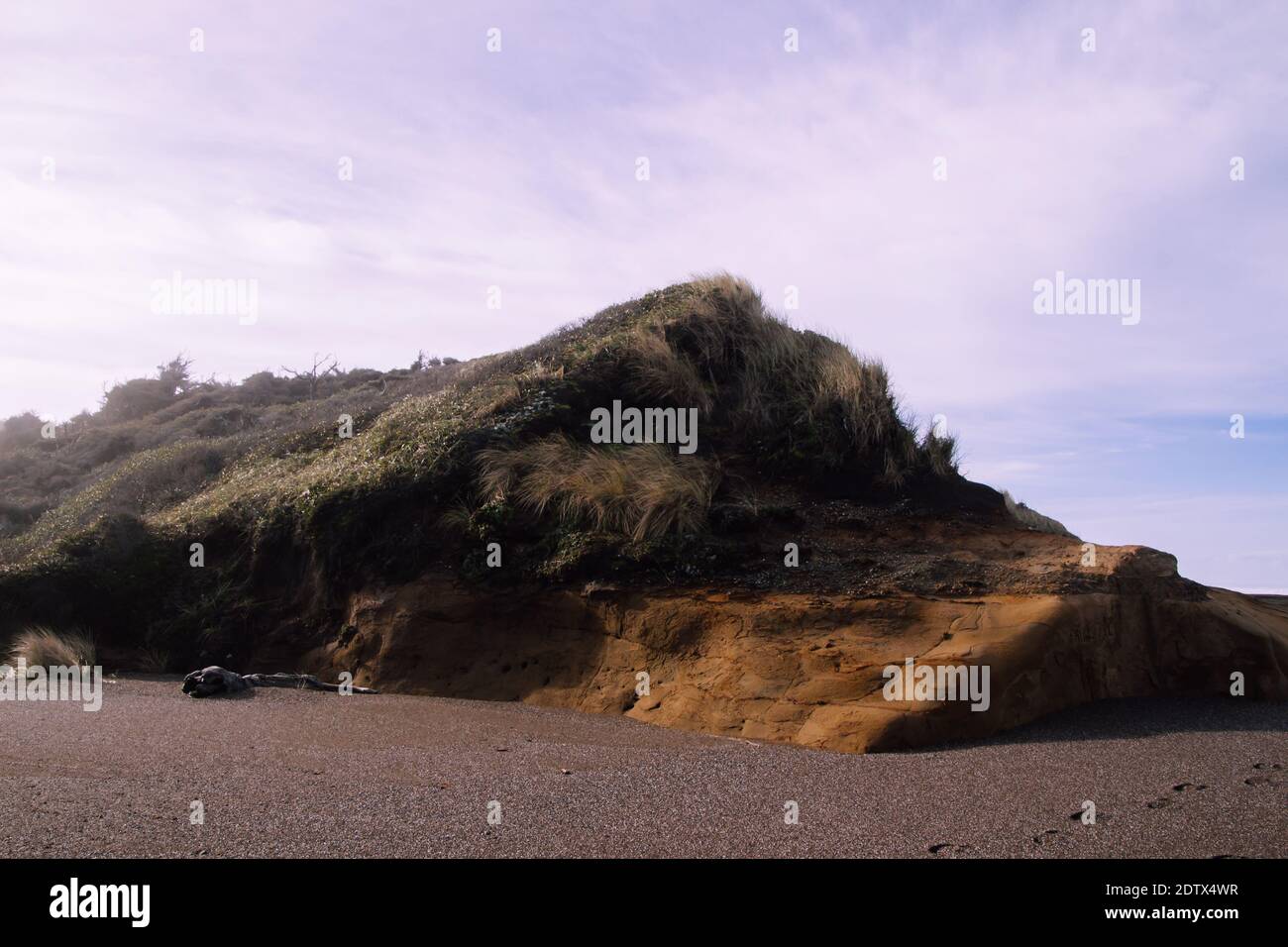 A horizontal shot of the rock covered in moss in the sand under the sky ...