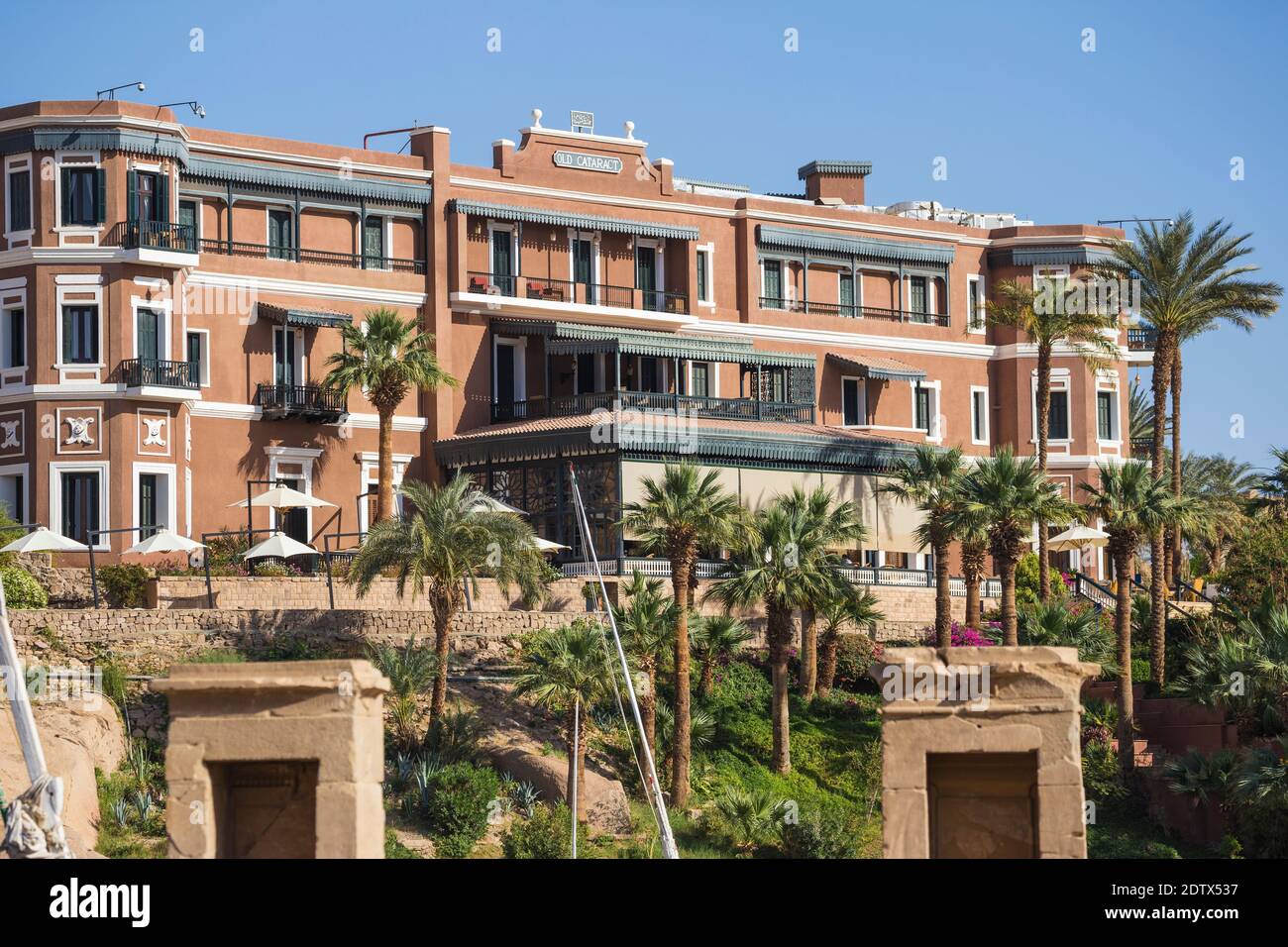 Egypt, Upper Egypt, Aswan, Old Cataract Hotel viewed from Khnum ruins ...
