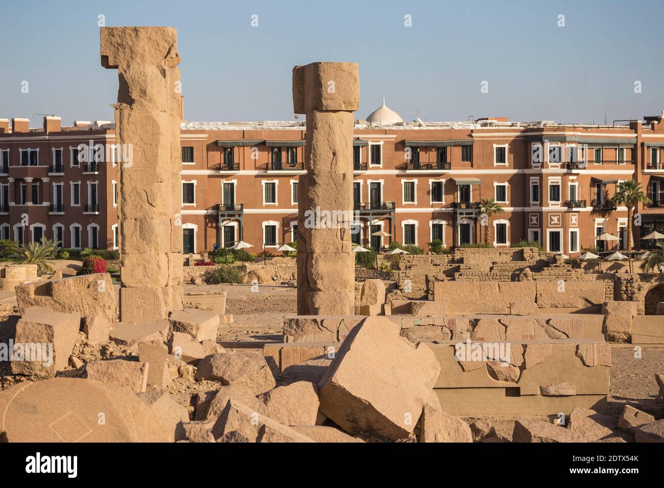 Egypt, Upper Egypt, Aswan, Old Cataract Hotel viewed from Khnum ruins ...