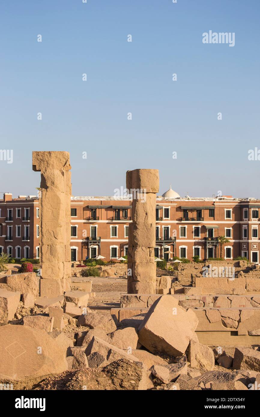 Egypt, Upper Egypt, Aswan, Old Cataract Hotel viewed from Khnum ruins ...