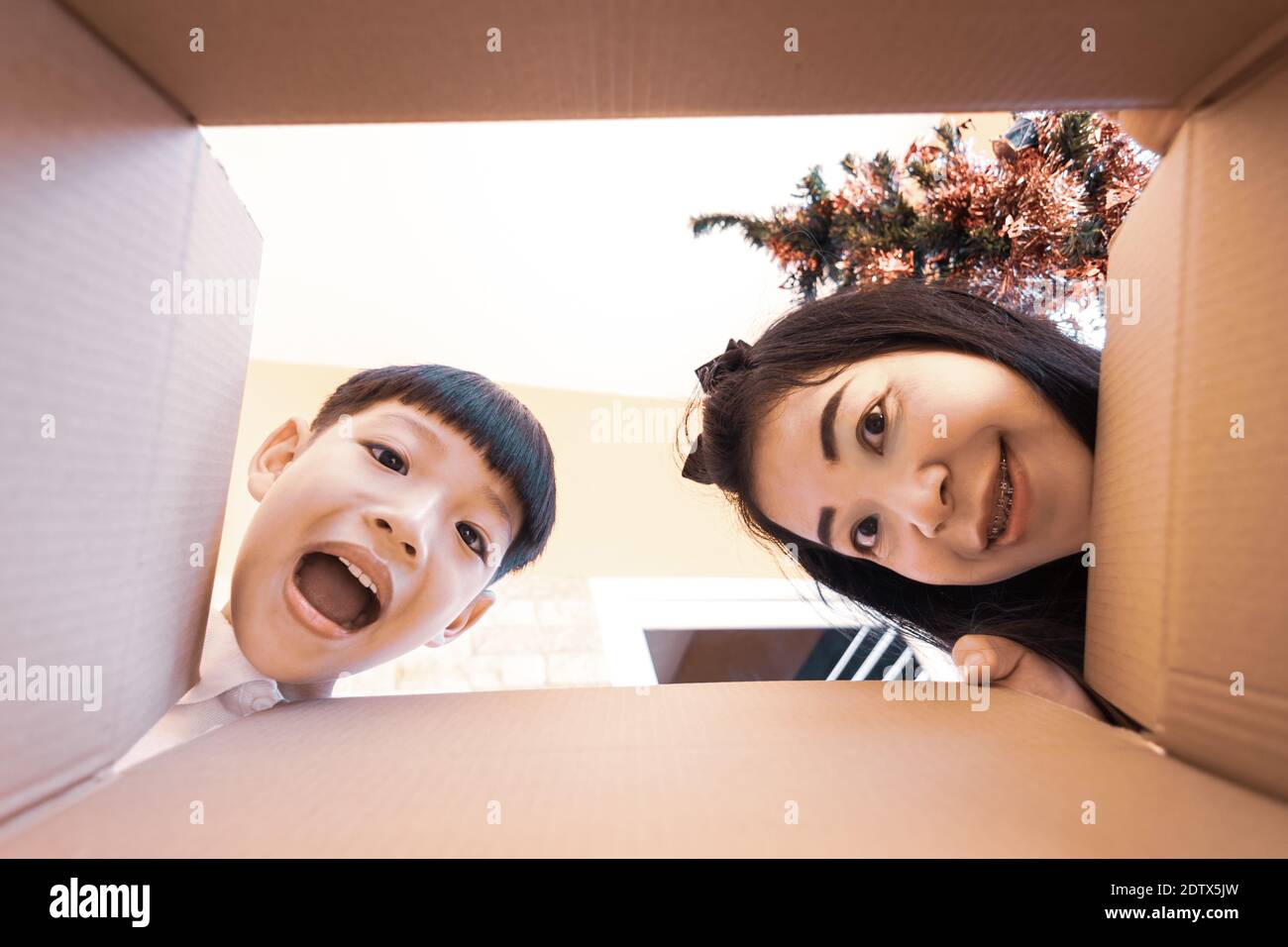 The surprised child and mom unpacking, opening the carton box and ...