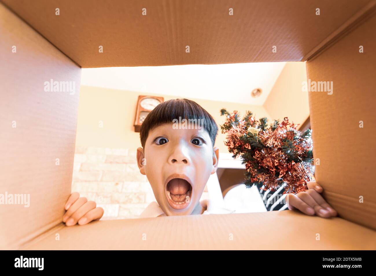 The surprised child unpacking, opening the carton box, and looking ...